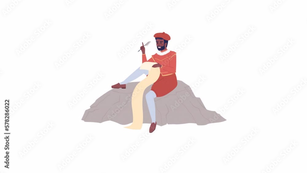 Animated old time man with scroll. Royal medieval poet writing on ...