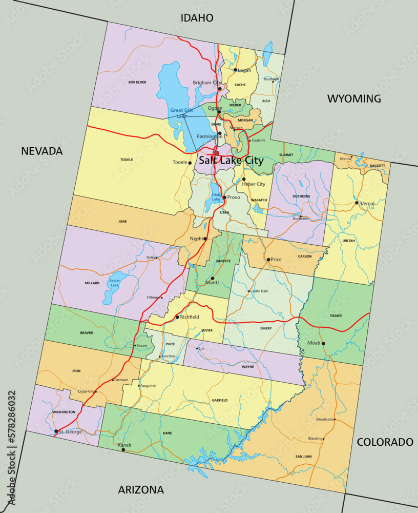Utah - Highly detailed editable political map with labeling. Stock ...