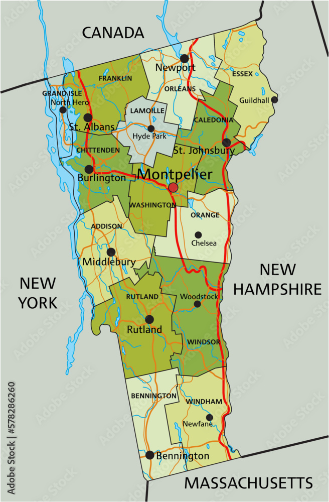 Highly detailed editable political map with separated layers. Vermont ...