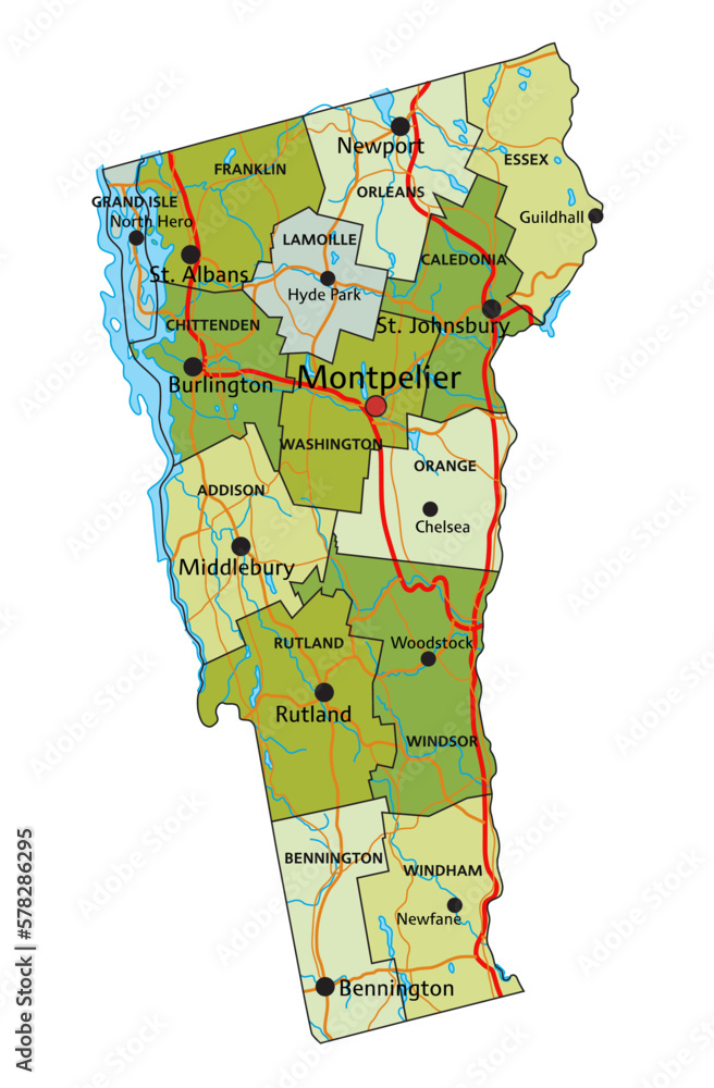 Highly detailed editable political map with separated layers. Vermont ...