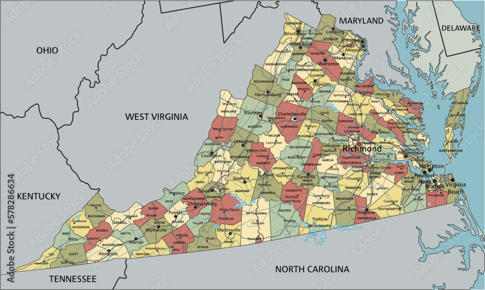 Virginia - Highly detailed editable political map with labeling. Stock ...