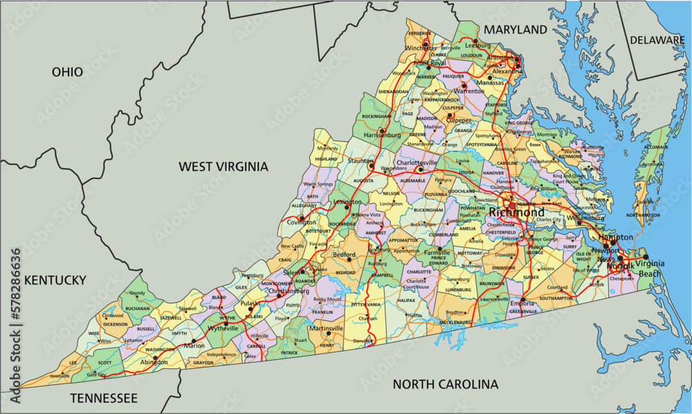 Virginia - Highly detailed editable political map with labeling ...