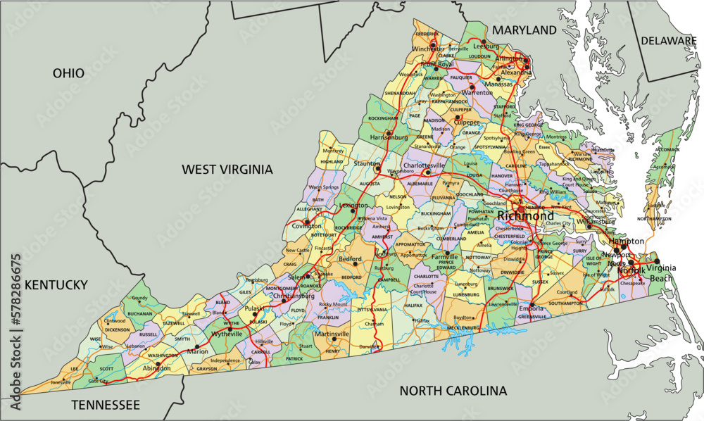 Virginia - Highly detailed editable political map with labeling. Stock ...