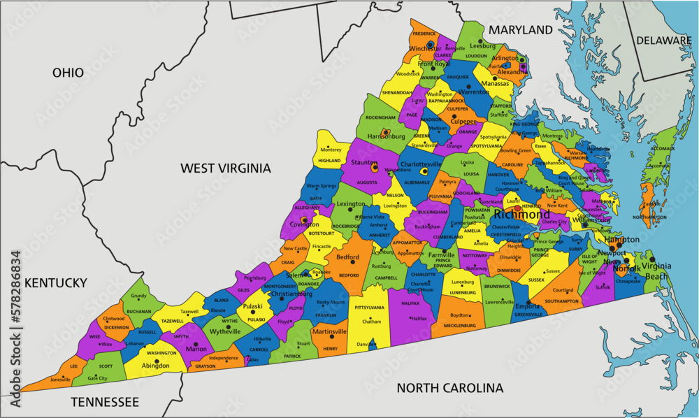 Colorful Virginia political map with clearly labeled, separated layers ...