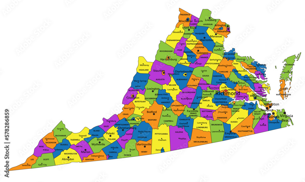 Colorful Virginia political map with clearly labeled, separated layers ...