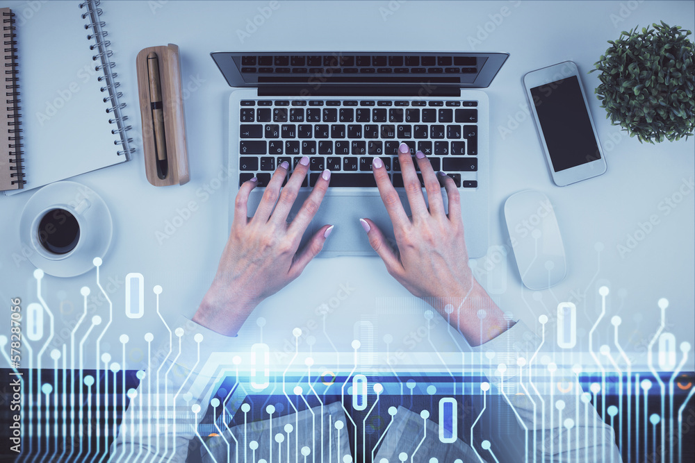 Double exposure of woman hands working on computer and data theme ...