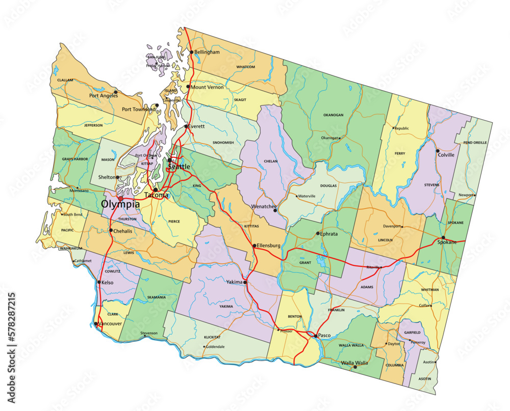 Washington - Highly detailed editable political map with labeling ...