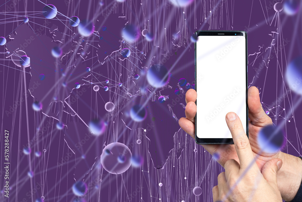 Foto de Phone is in hands of person. Smart phone with white screen ...