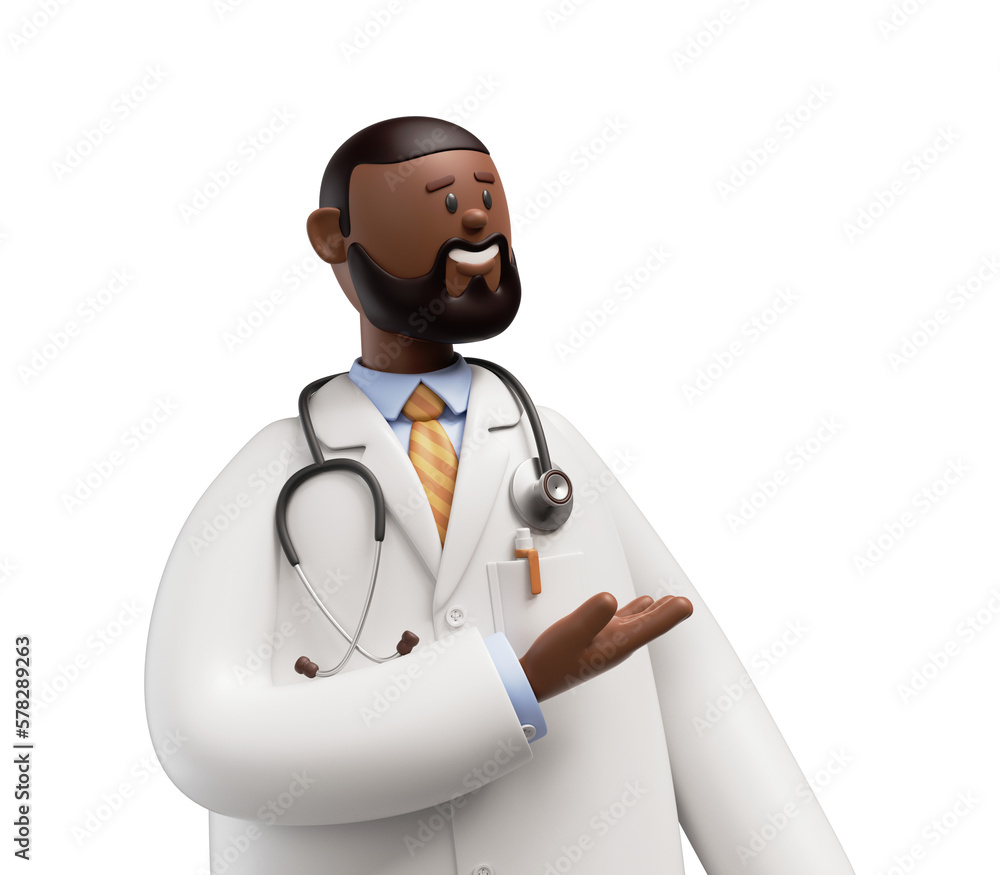 3d render. Doctor african cartoon character shows right, gives ...