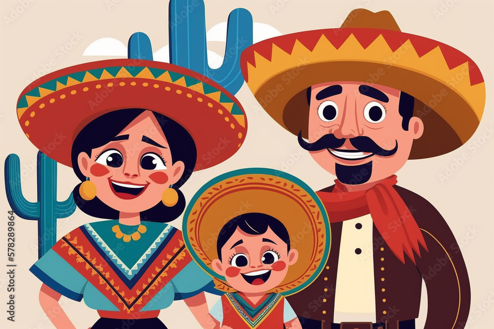 Happy family. A cartoon illustration of a family with a mexican hat and ...