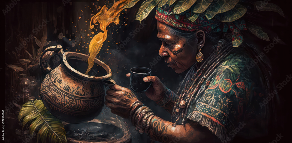Indigenous woman brewing Ayahuasca which is a psychoactive brew ... Indigenous woman brewing Ayahuasca which is a psychoactive brew ...