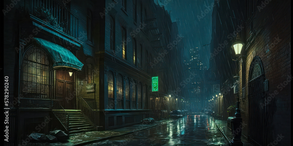 Dark street in the rain at night in New York. Eerie nighttime city with ...