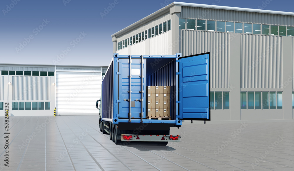 Truck near warehouse. Cardboard boxes in body of lorry. Truck in ...