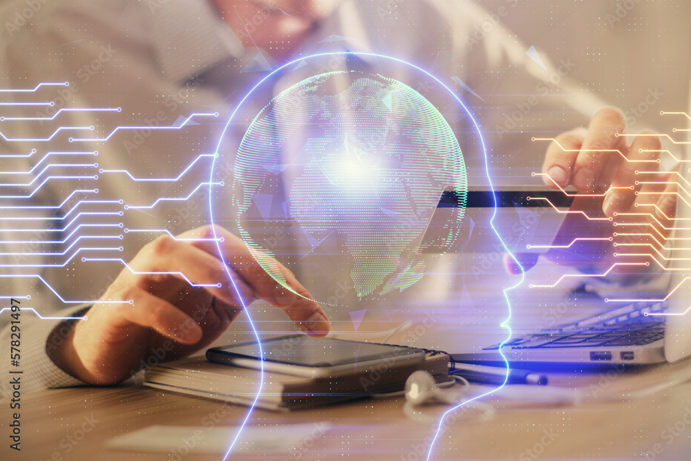 Double exposure of man hands typing on computer with credit card and ...