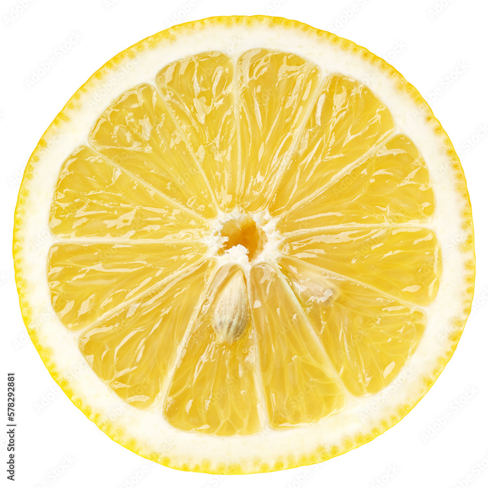 Top view of textured ripe slice of lemon citrus fruit isolated on ...