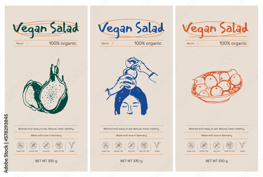 Hand drawn line art food vector packaging label design template. Boho ...