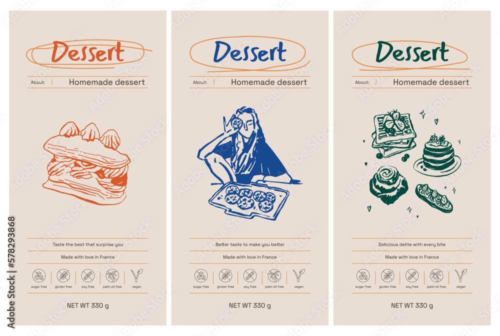Hand drawn line art food vector packaging label design template. Boho ...