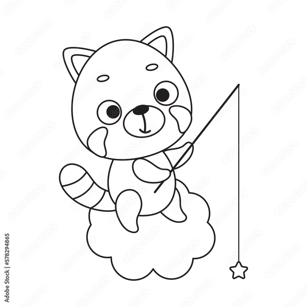 Coloring page cute little red panda fishing star on cloud. Coloring ...