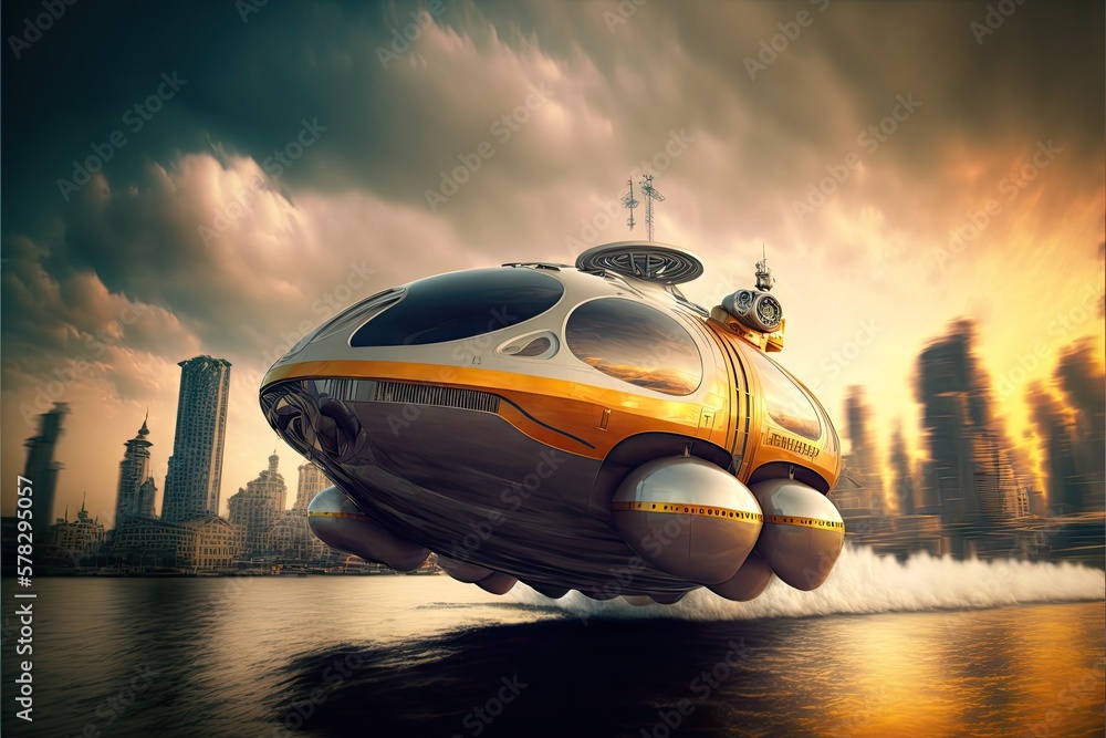 futuristic high-speed hovercraft in sky flying urban transport, created ...