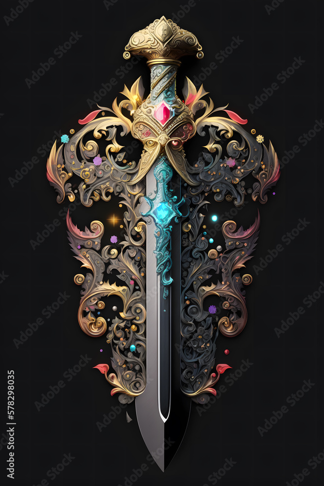 Medieval sword and scabbard. Fantasy golden sword with long blade ...