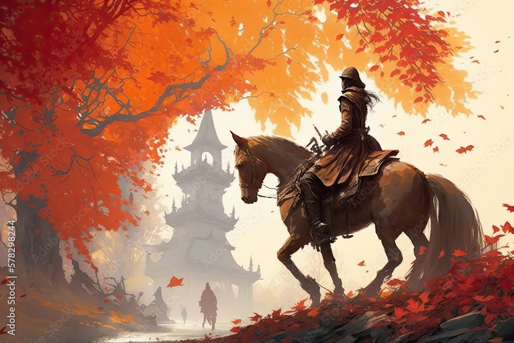 young woman riding on a horse into a beautiful autumn forest, concept ...
