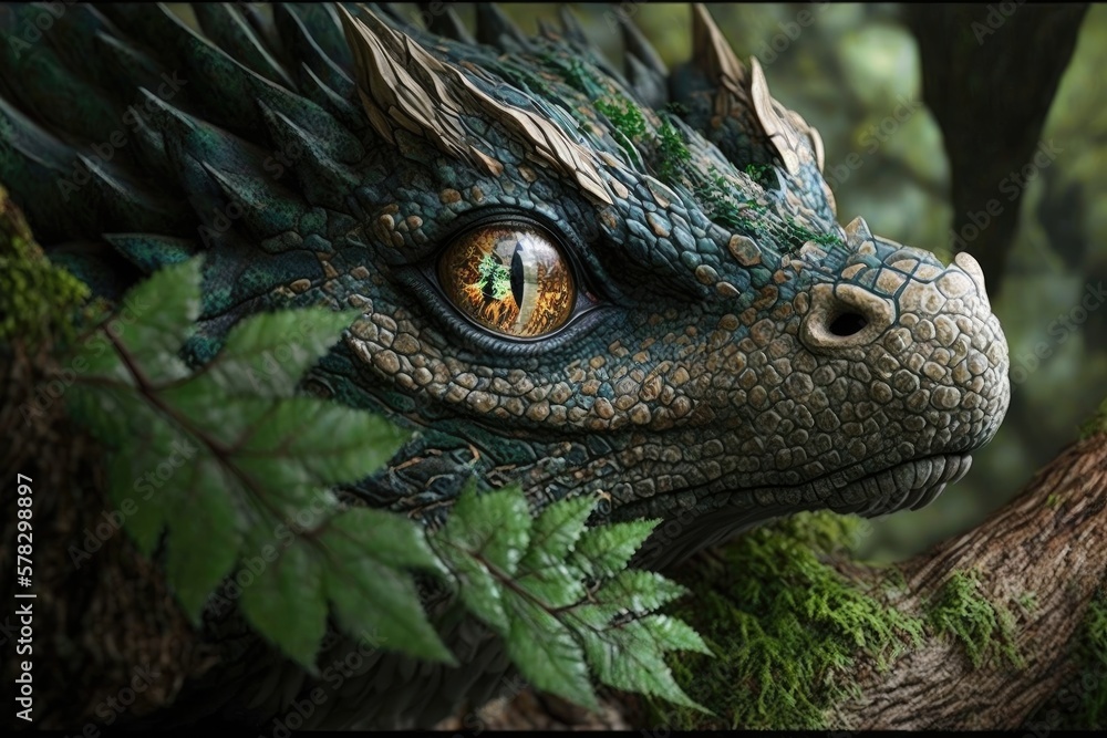 huge powerful forest dragon head with bright eyes, created with ...