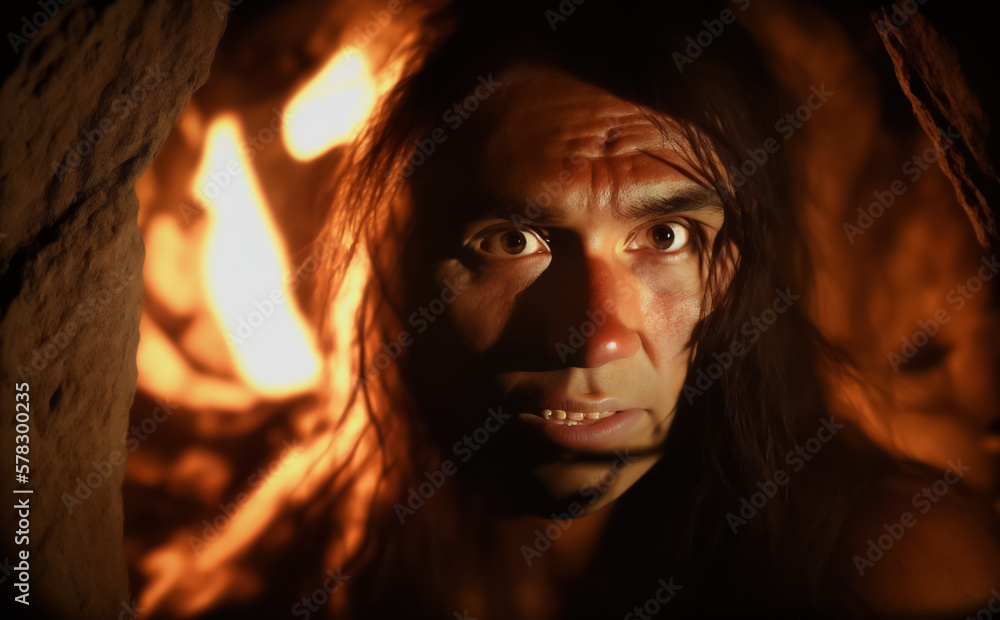 Female Neanderthal in a cave. Close up Portrait with shallow focus ...