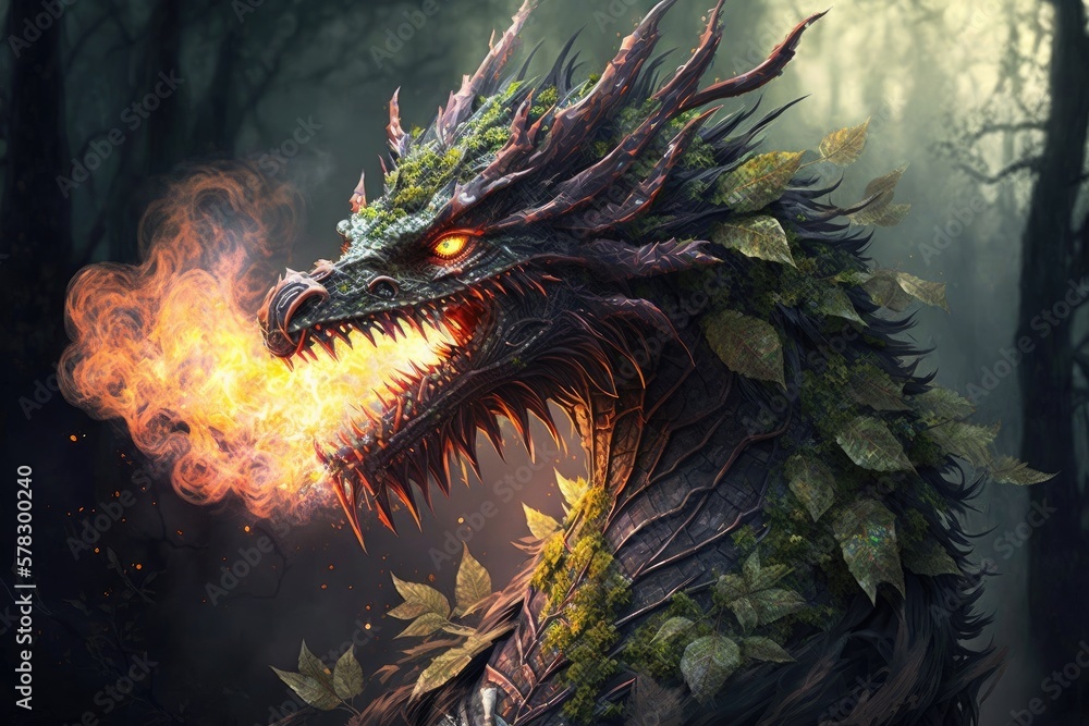 huge fire-breathing monster in form of fantasy forest dragon, created ...