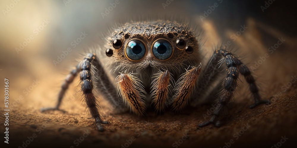 Putzige kleine behaarte Springspinne mit großen Augen ganz nah, ai ...