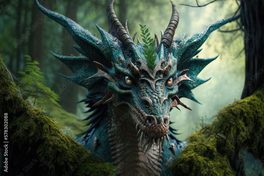 fantastic forest dragon with claws and horns raised high, created with ...