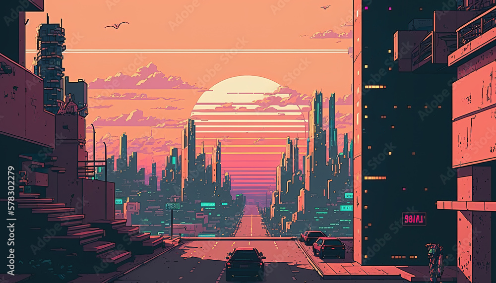 a car is watching the sunset in a modern city, pixel 2d art, generative ...