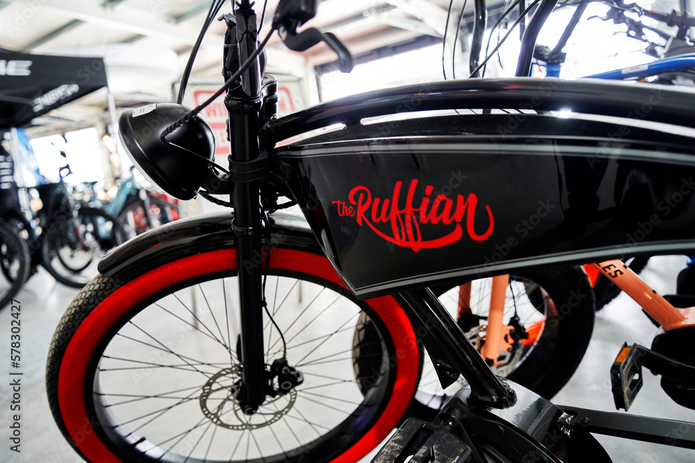 Braunschweig, Germany, March 5, 2023: Ruff cycles e-bike Ruffian, front part of the electric ...