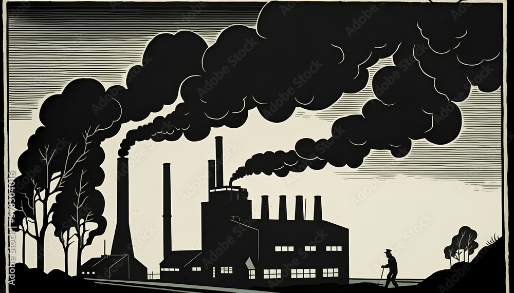 A cartoon-style image depicts dark smoke rising from a factory as it ...