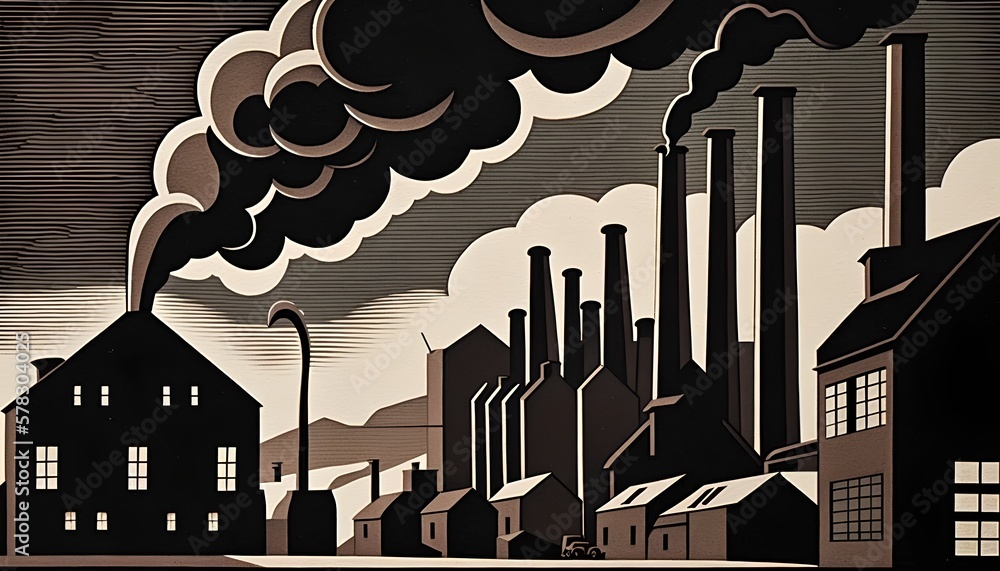 A cartoon-style image depicts dark smoke rising from a factory as it ...