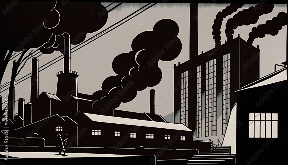 A cartoon-style image depicts dark smoke rising from a factory as it ...