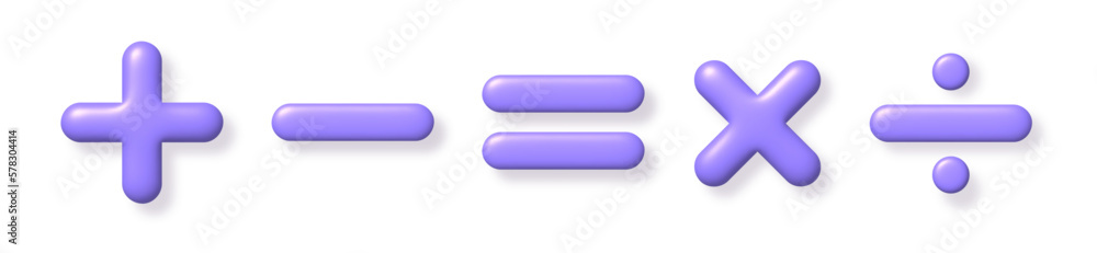 Math 3D icon set. Purple arithmetic plus, minus, equals, multiply and ...