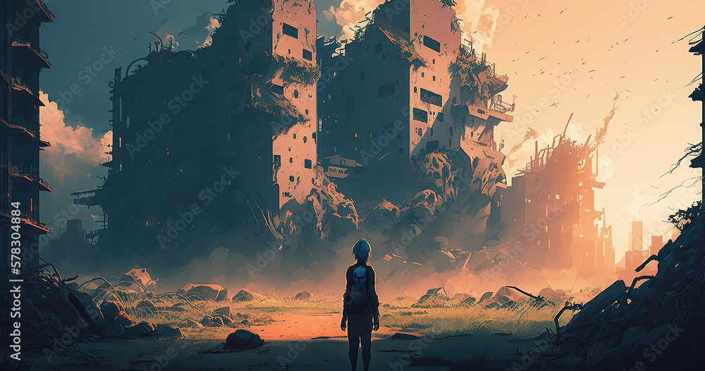 an epic and sad illustration of a person standing in front of a war ...