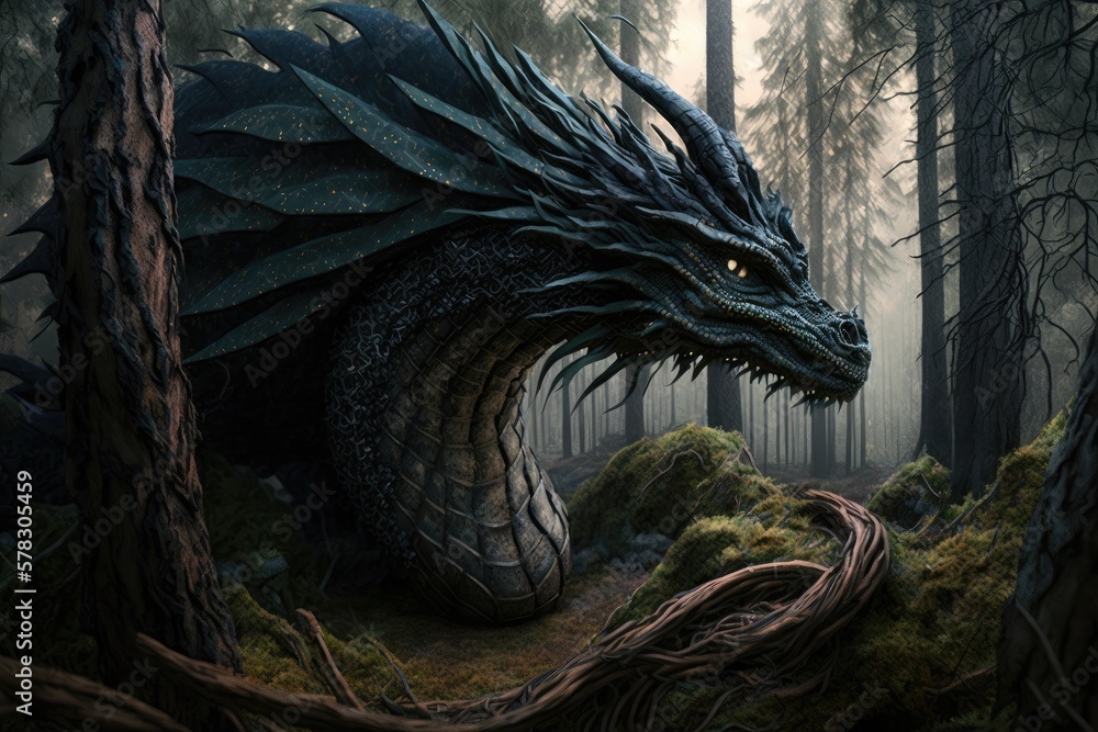 huge terrifying mystical forest dragon crawls through pines on ground ...