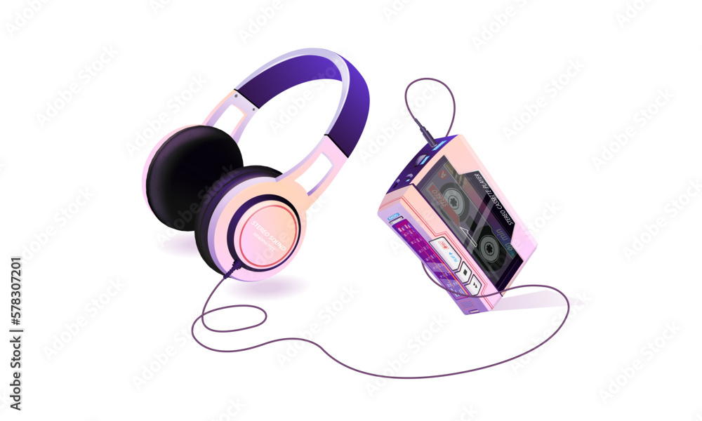 Cassette player with headphones vector illustration. 80s technology ...