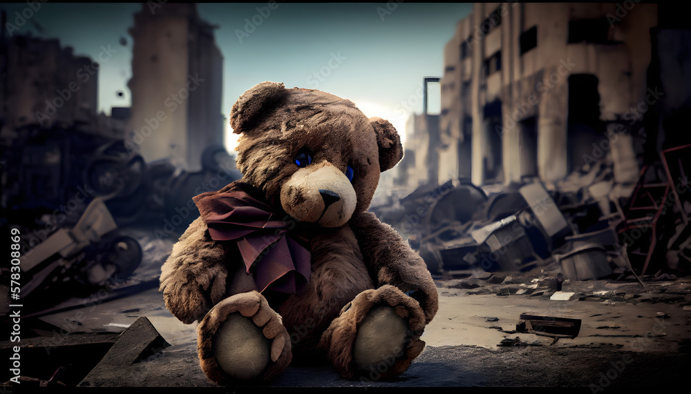 teddy bear children's toy among the ruined city war-torn city, building ...
