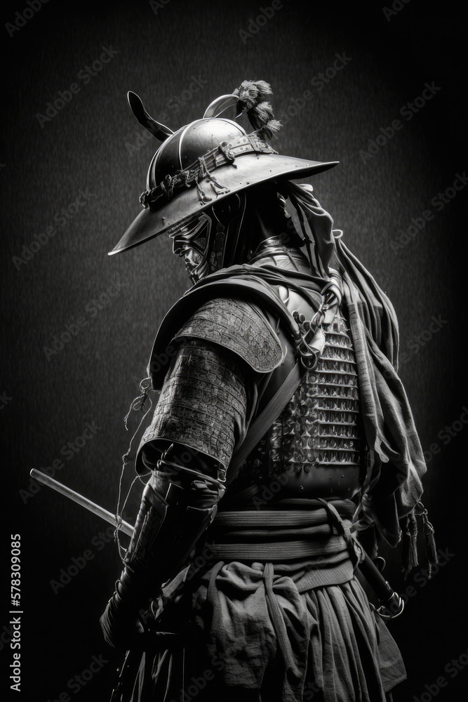 Portrait of a medieval samurai in front of a dark studio background ...