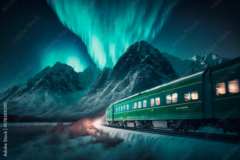 A passenger train rides in the arctic north in the snow against a ...