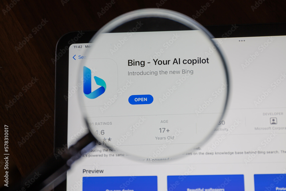 Ostersund, Sweden - Mars 6, 2023: Microsoft Bing - Your AI copilot app ... Ostersund, Sweden - Mars 6, 2023: Microsoft Bing - Your AI copilot app ...