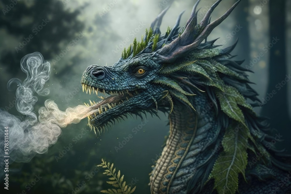 young mystical forest dragon with smoke coming out of its mouth ...