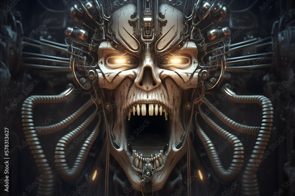 Dark robotic skeleton science fiction screaming robot skull connected ...