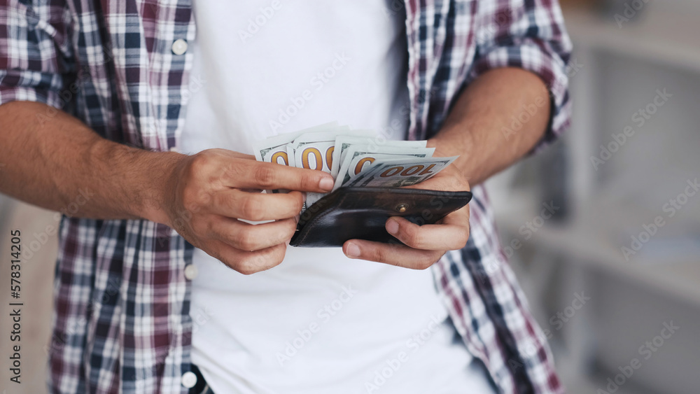 Money cash. Earnings salary. Currency exchange. Unrecognizable wealthy ...