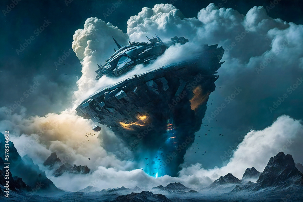 Giant alien space ship surrounded by clouds. Created with Generative AI ...