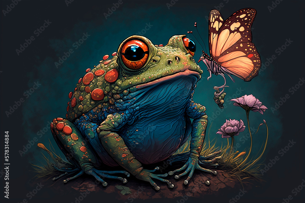 Cute frog in a fairy forest with a butterfly, mystical image of an ...