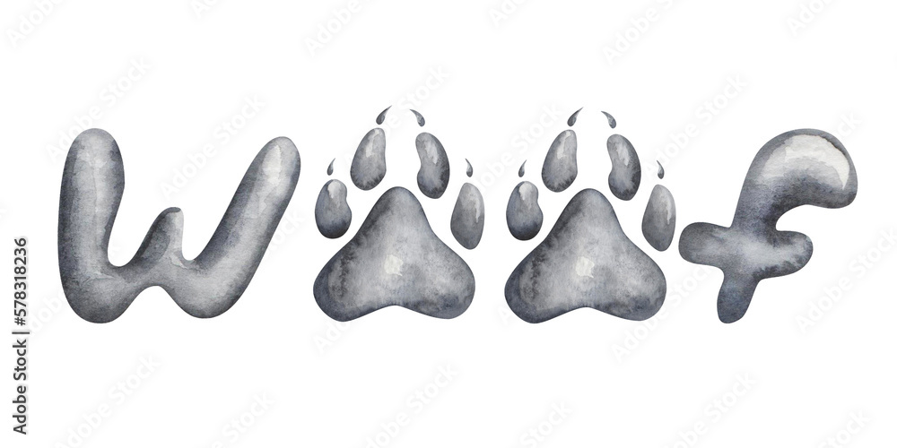 Watercolor illustration. Hand painted paw print of wolf with claws and ...