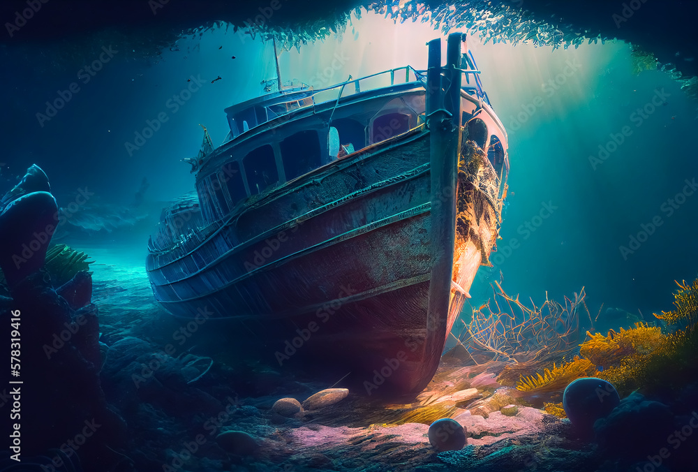 ภาพประกอบสต็อก Schiffswrack oder gesunkenes Schiff auf Meeresgrund im ...